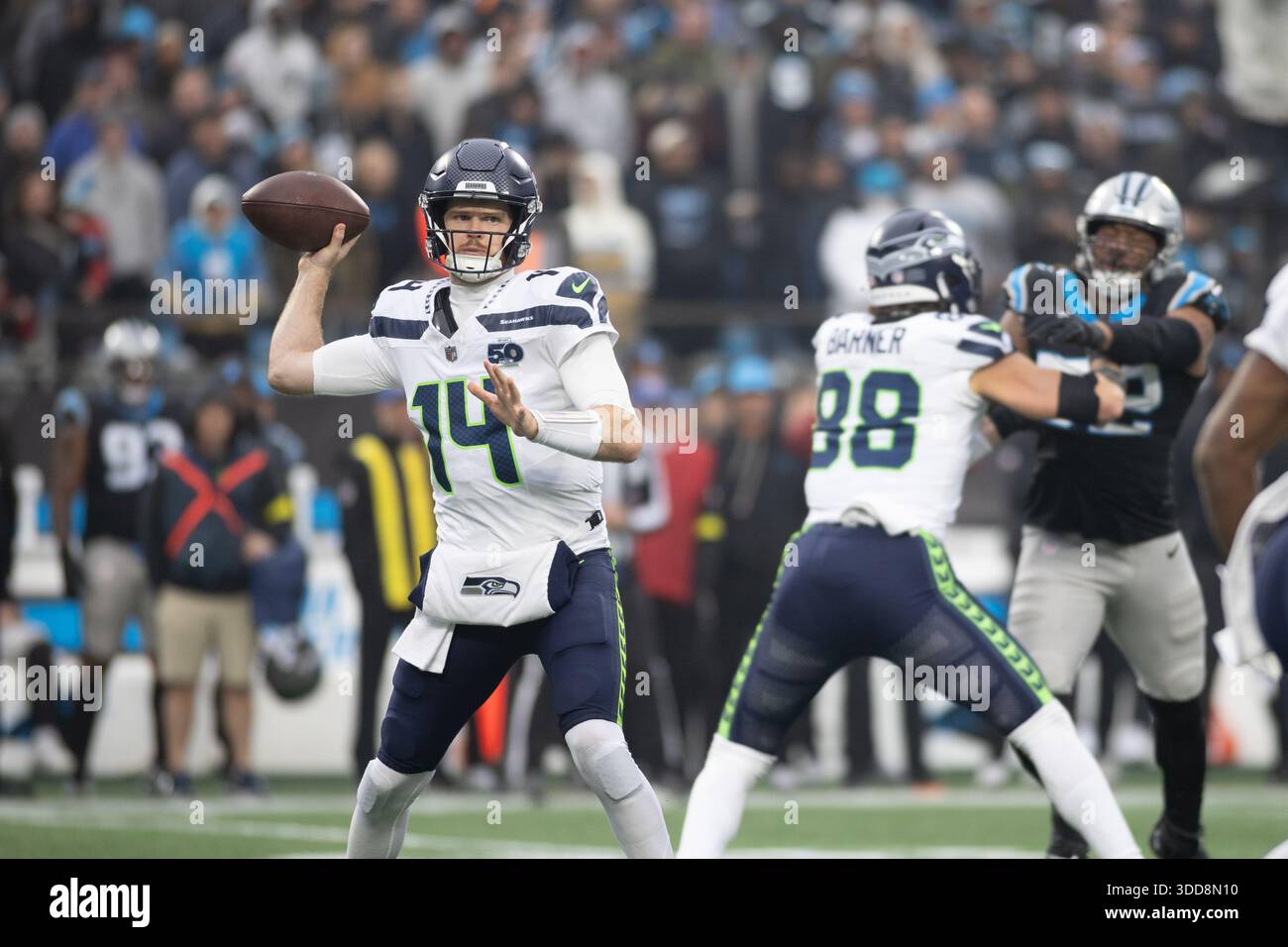 Seattle Seahawks quarterback Sam Darnold (14) throws a pass at Bank of ...