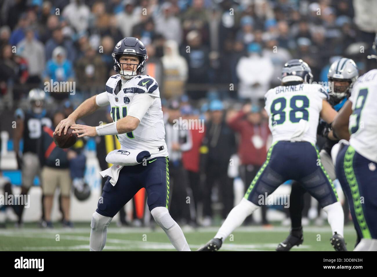 Seattle Seahawks quarterback Sam Darnold (14) throws a pass at Bank of ...