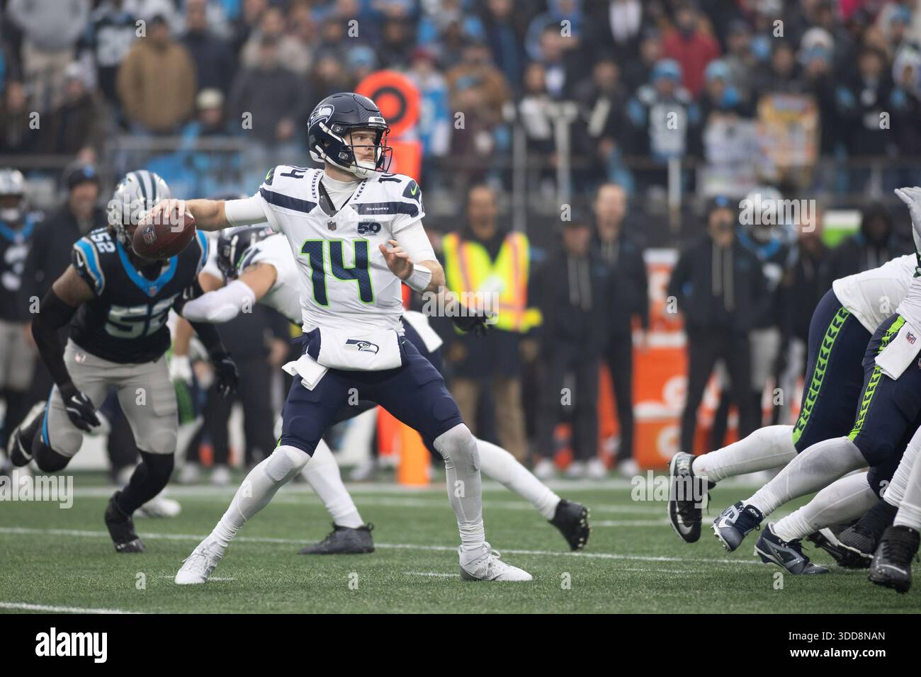 Seattle Seahawks quarterback Sam Darnold (14) throws a pass at Bank of ...