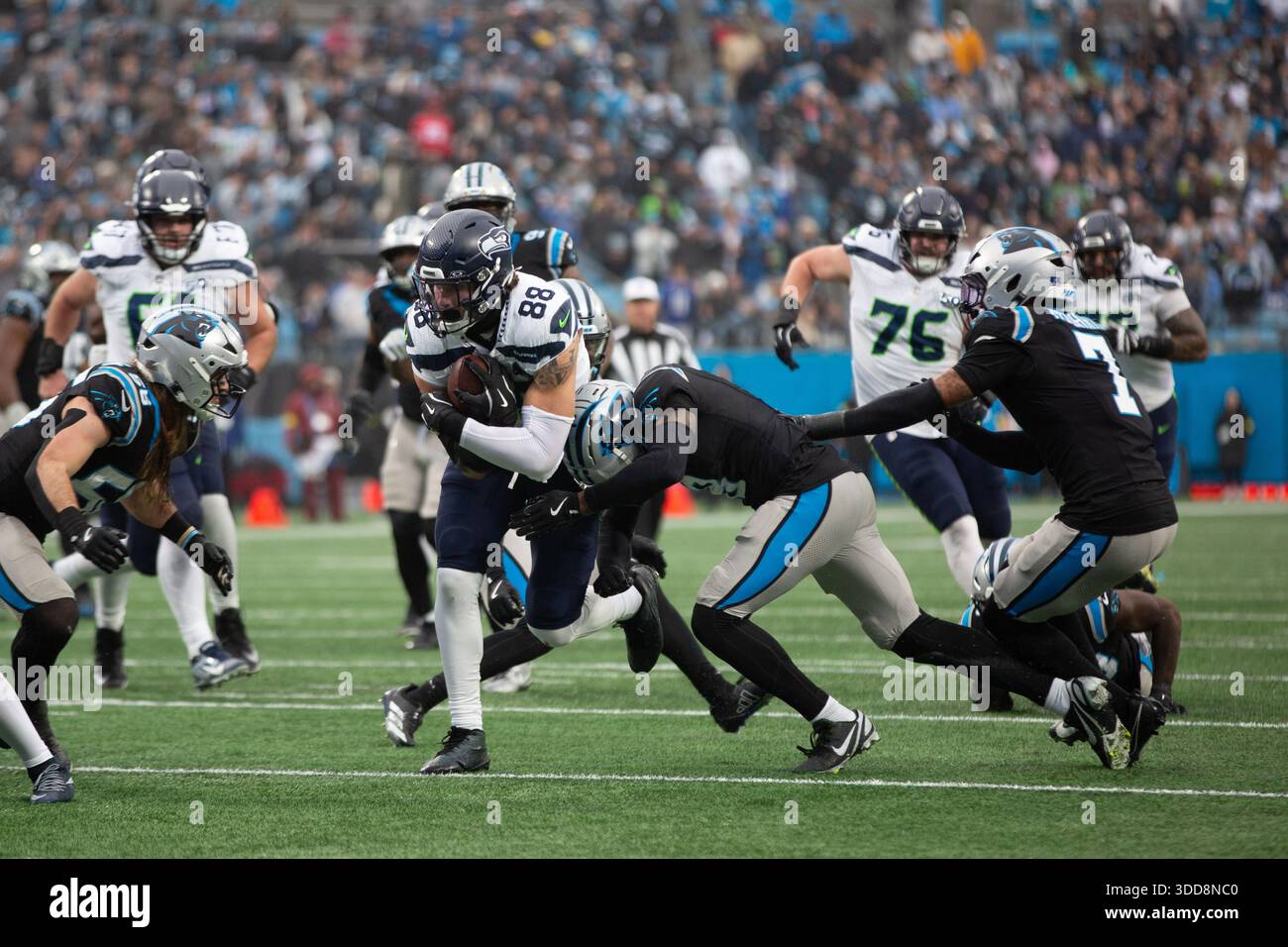 Seattle Seahawks tight end AJ Barner (88) runs after catching a pass at ...