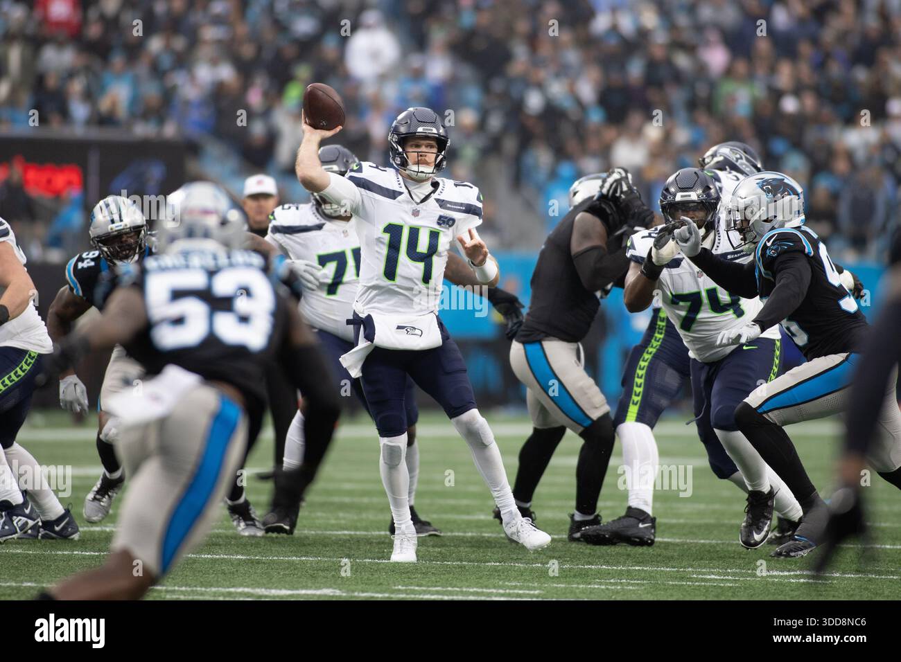 Seattle Seahawks quarterback Sam Darnold (14) throws a pass at Bank of ...
