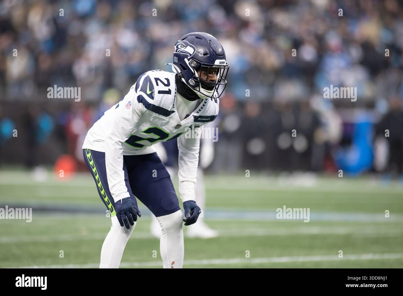 Seattle Seahawks cornerback Devon Witherspoon (21) gets in position for ...
