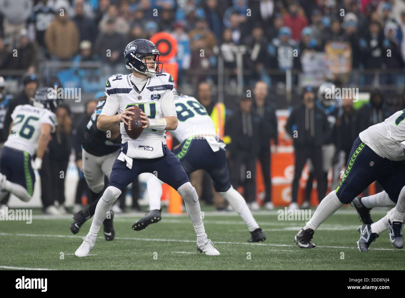 Seattle Seahawks quarterback Sam Darnold (14) throws a pass at Bank of ...