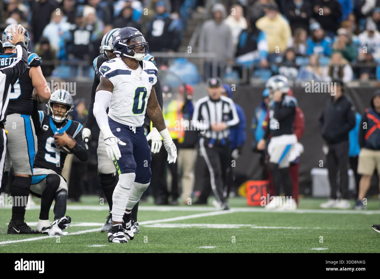 Seattle Seahawks defensive end Demarcus Lawrence (0) celebrates a sack ...
