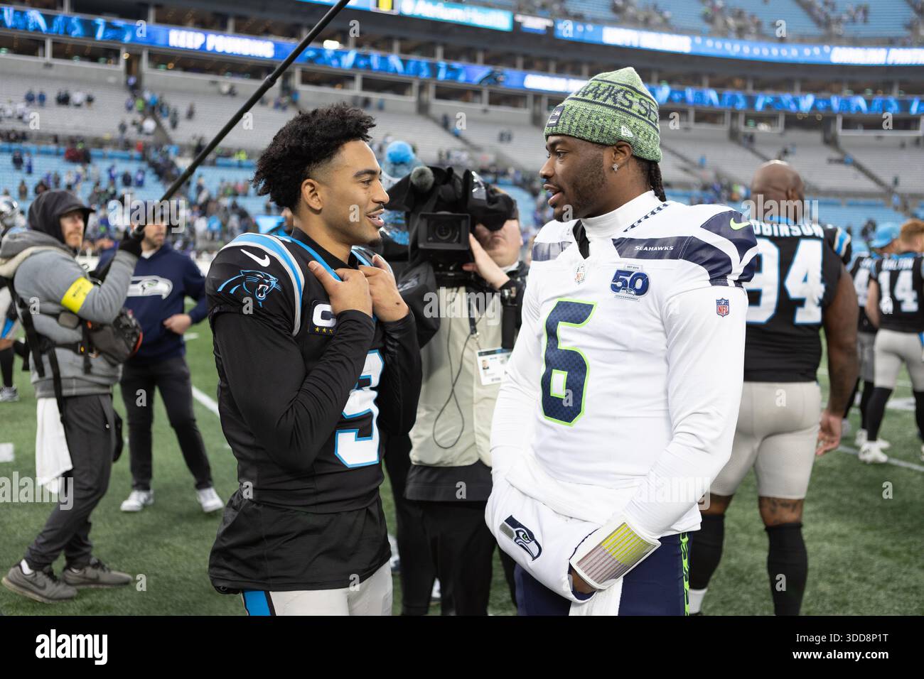 Seattle Seahawks quarterback Jalen Milroe (6) talks Carolina Panthers ...