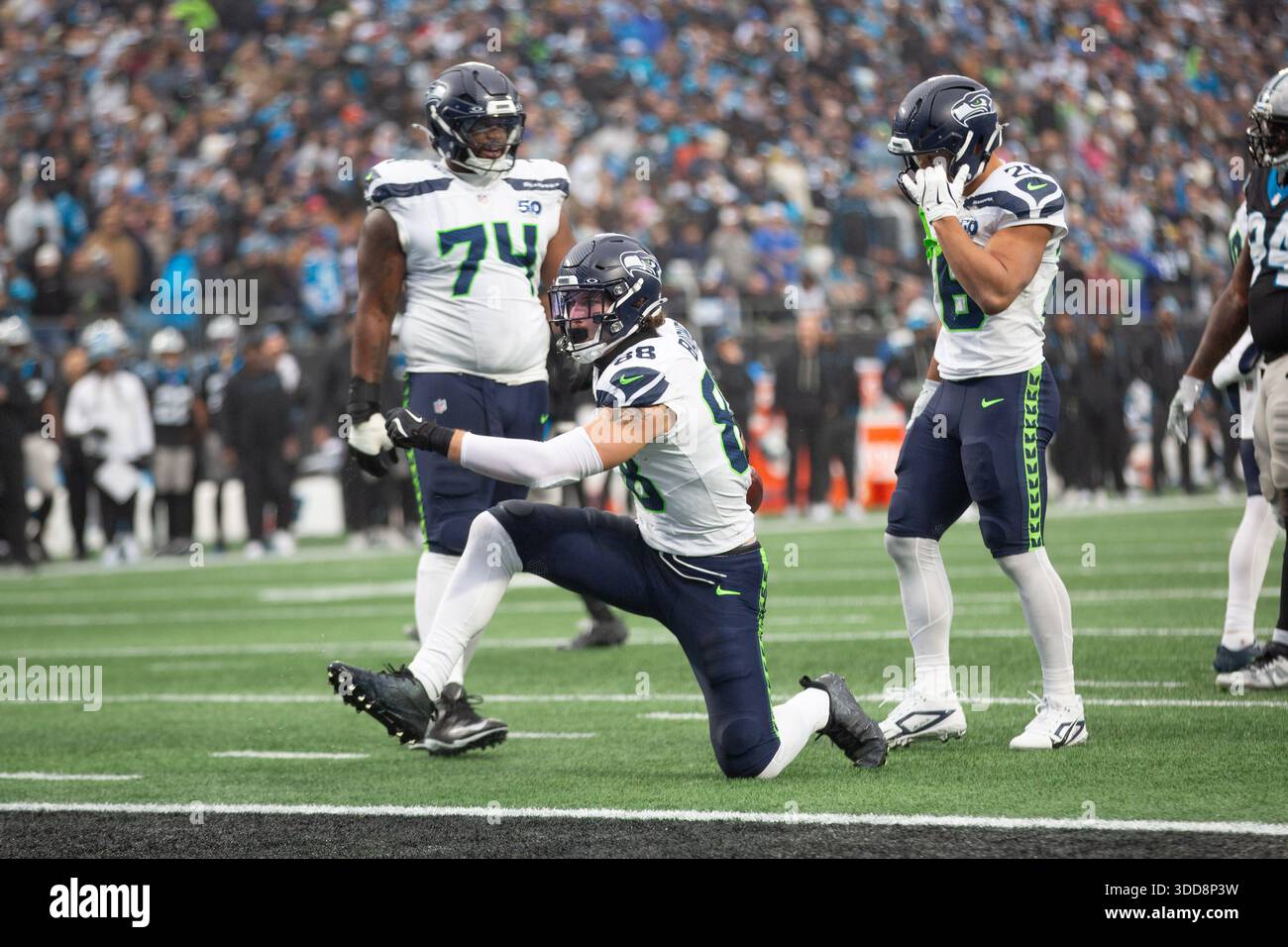 Seattle Seahawks tight end AJ Barner (88) celebrates after catching a ...