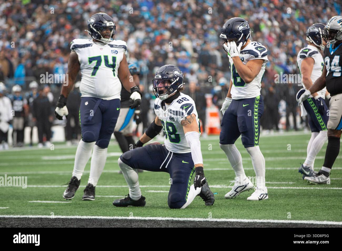 Seattle Seahawks tight end AJ Barner (88) celebrates after catching a ...