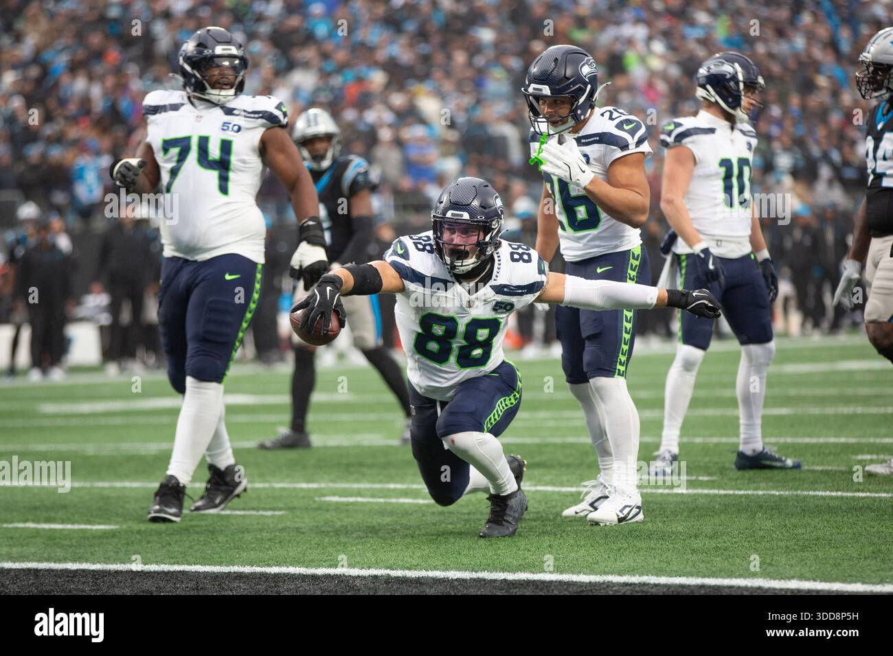 Seattle Seahawks tight end AJ Barner (88) celebrates after catching a ...