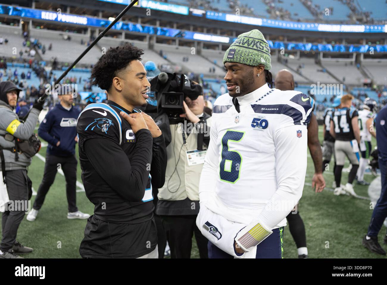 Seattle Seahawks quarterback Jalen Milroe (6) talks Carolina Panthers ...