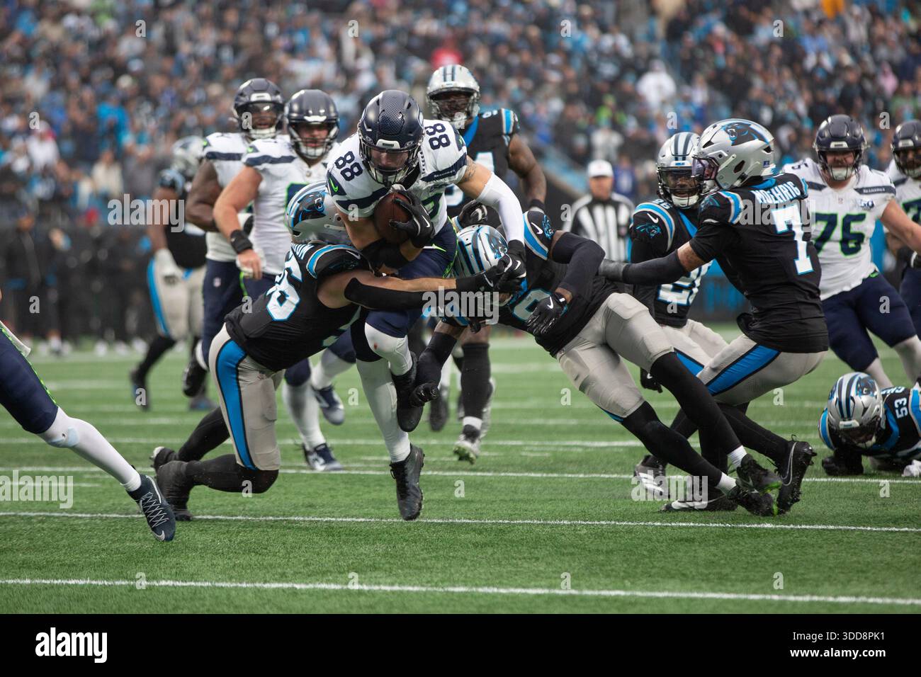 Seattle Seahawks tight end AJ Barner (88) runs after catching a pass at ...