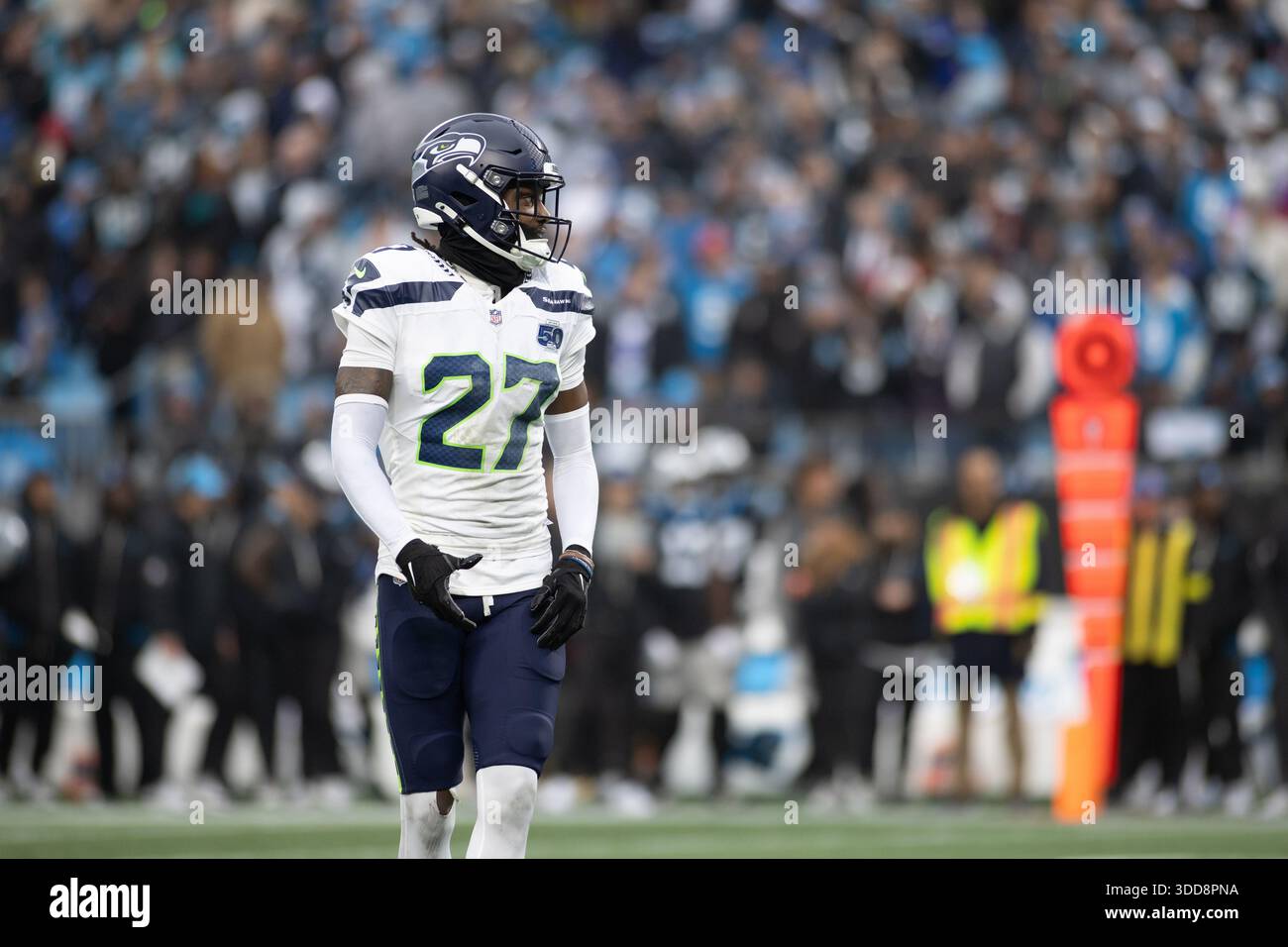Seattle Seahawks cornerback Riq Woolen (27) gets in position for the ...