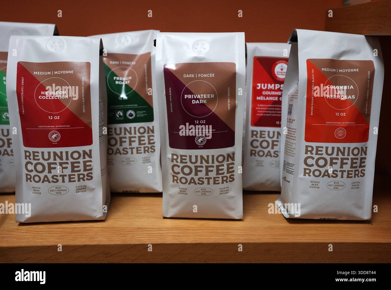 Bags of coffee beans are seen at Reunion Coffee Roasters coffee ...