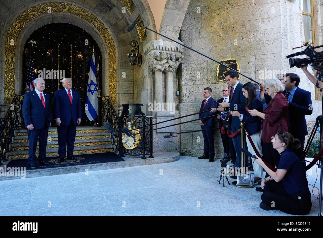 President Donald Trump speaks to reporters as he greets Israel's Prime ...