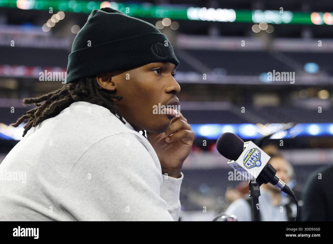 Ohio State receiver Jeremiah Smith talks to reporters during media day ...