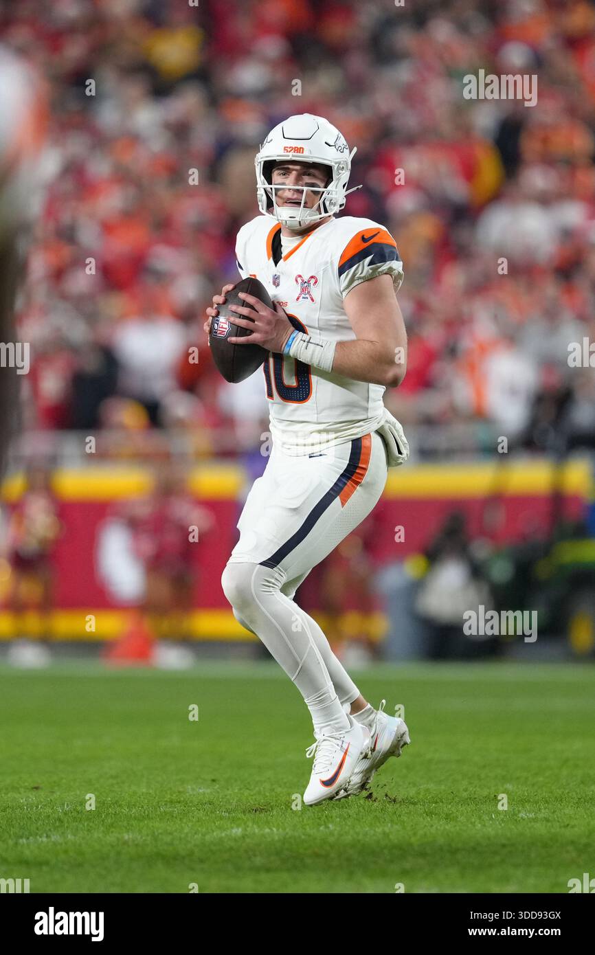 Denver Broncos quarterback Bo Nix looks to pass during an NFL football ...