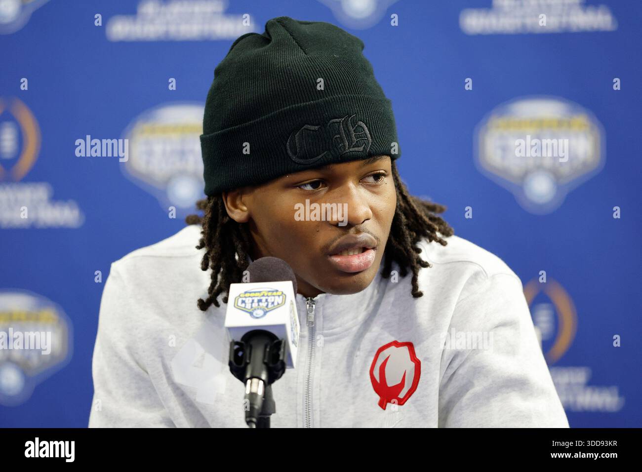 Ohio State receiver Jeremiah Smith talks to reporters during media day ...