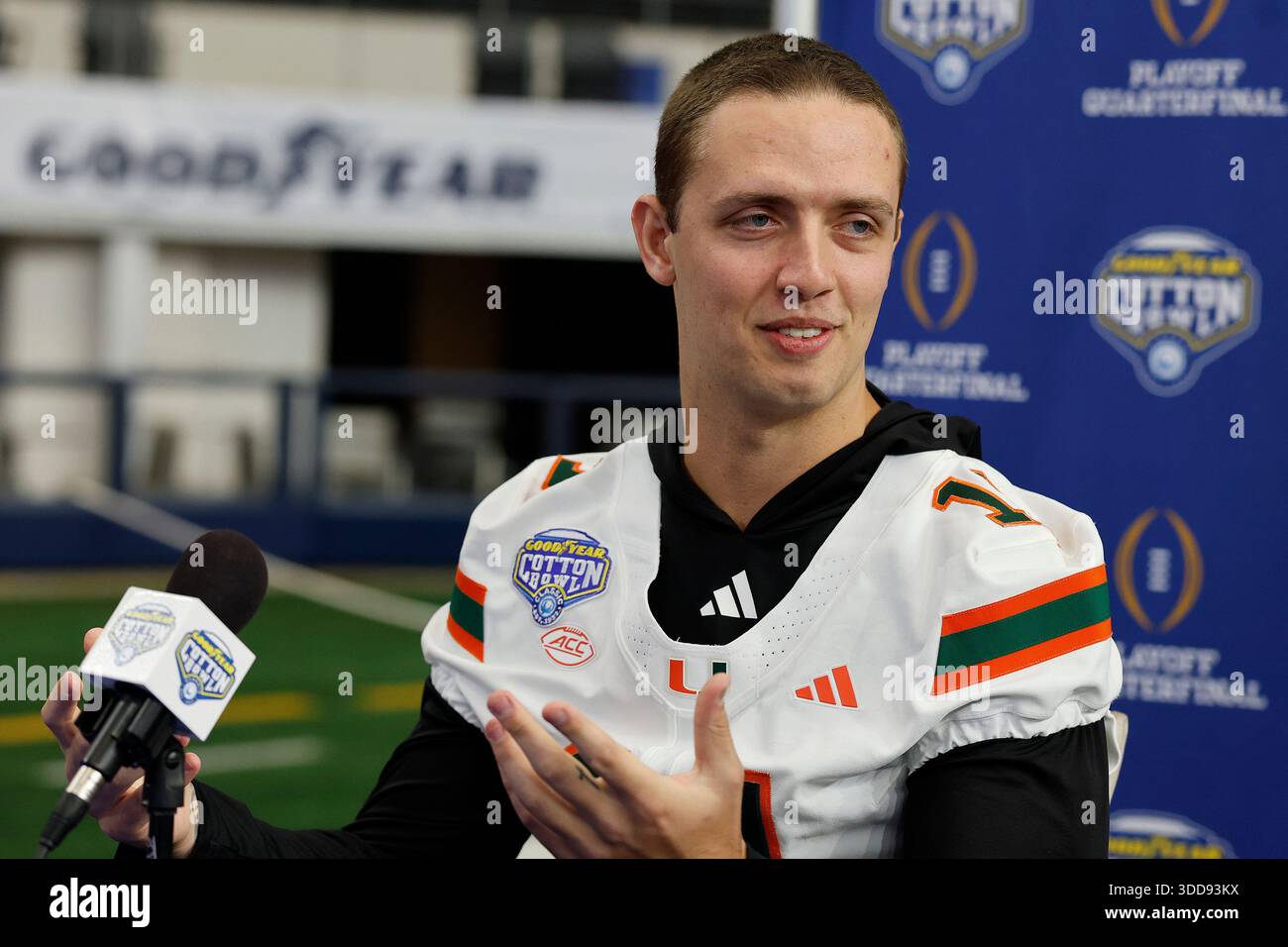 Miami quarterback Carson Beck talks to reporters during media day for ...