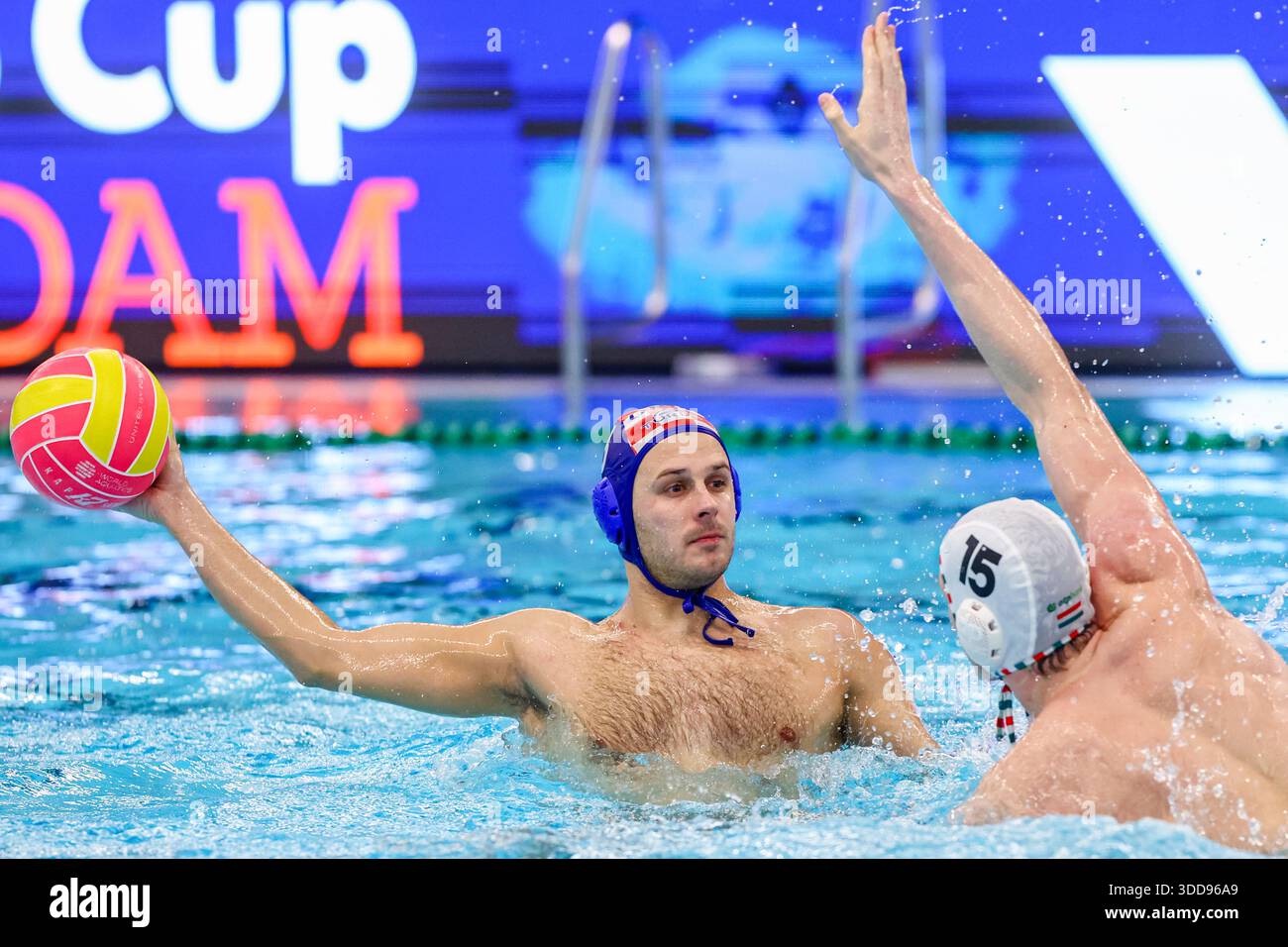 Loren Fatovic of Croatia, Vince Varga of Hungary during the Waterpolo ...