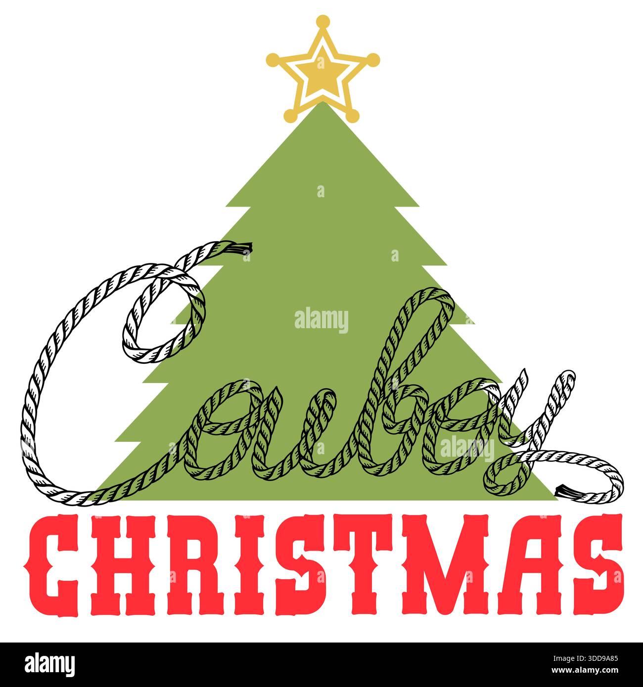Cowboy Christmas card with Christmas tree and lasso rope text. Vector ...