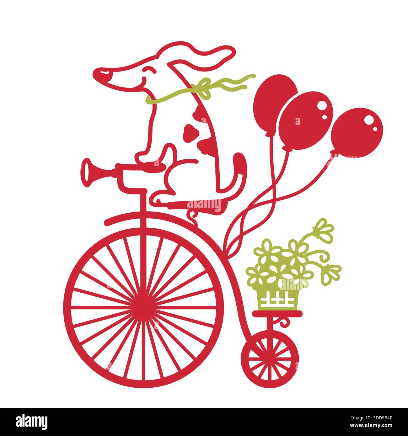 Cute dog drive vintage bicycle. Vector color cartoons illustration of ...