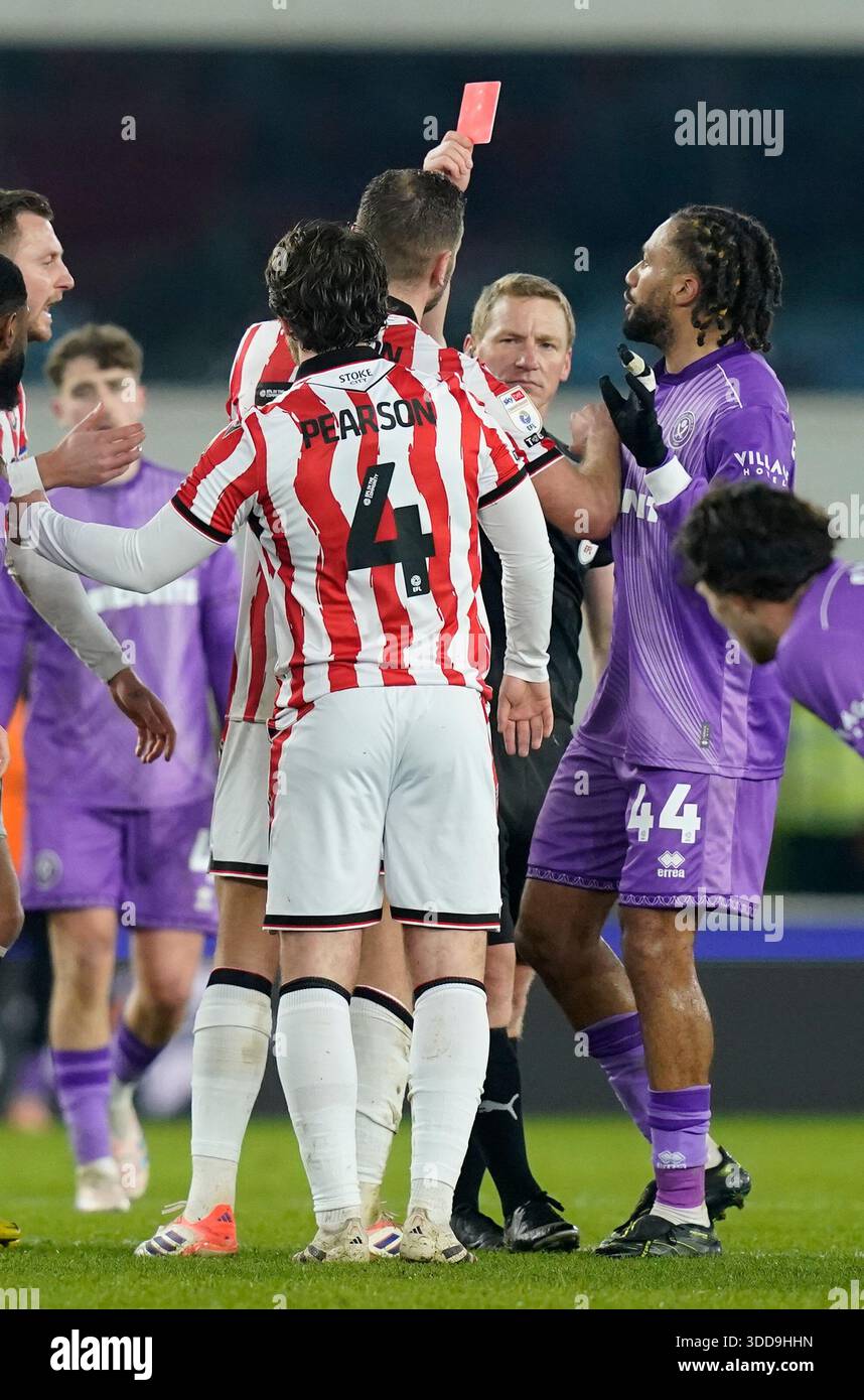 Stoke, England, 29th December 2025. Referee Busby sends off Ben Pearson ...