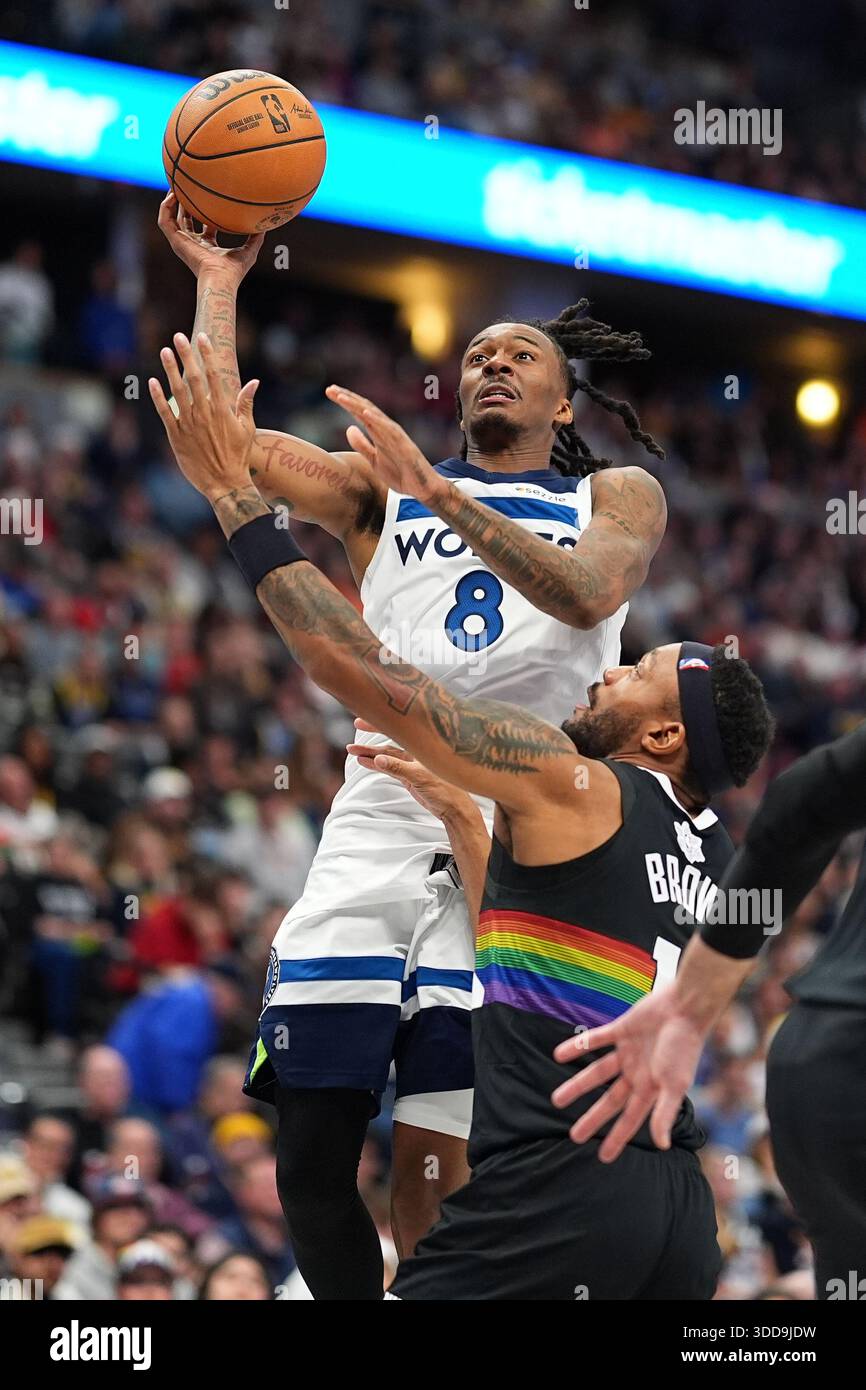 Minnesota Timberwolves guard Bones Hyland (8) shoots over Denver ...