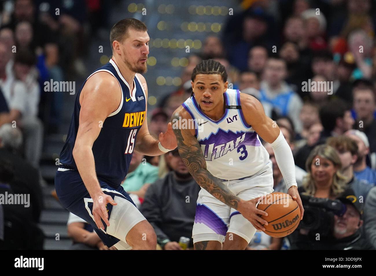 Utah Jazz guard Keyonte George (3) and Denver Nuggets center Nikola ...