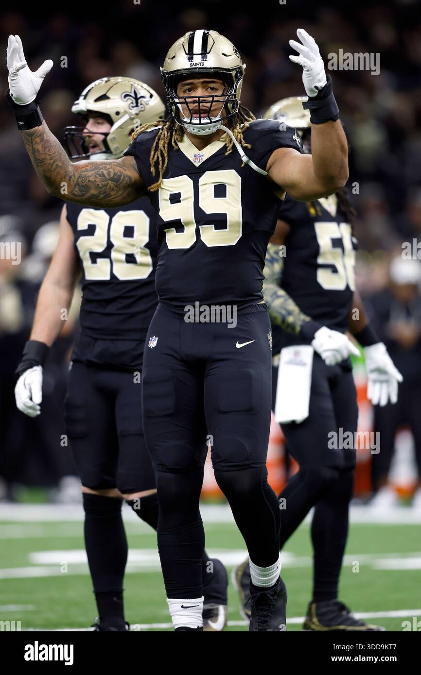 New Orleans Saints defensive end Chase Young (99) reacts during an NFL ...