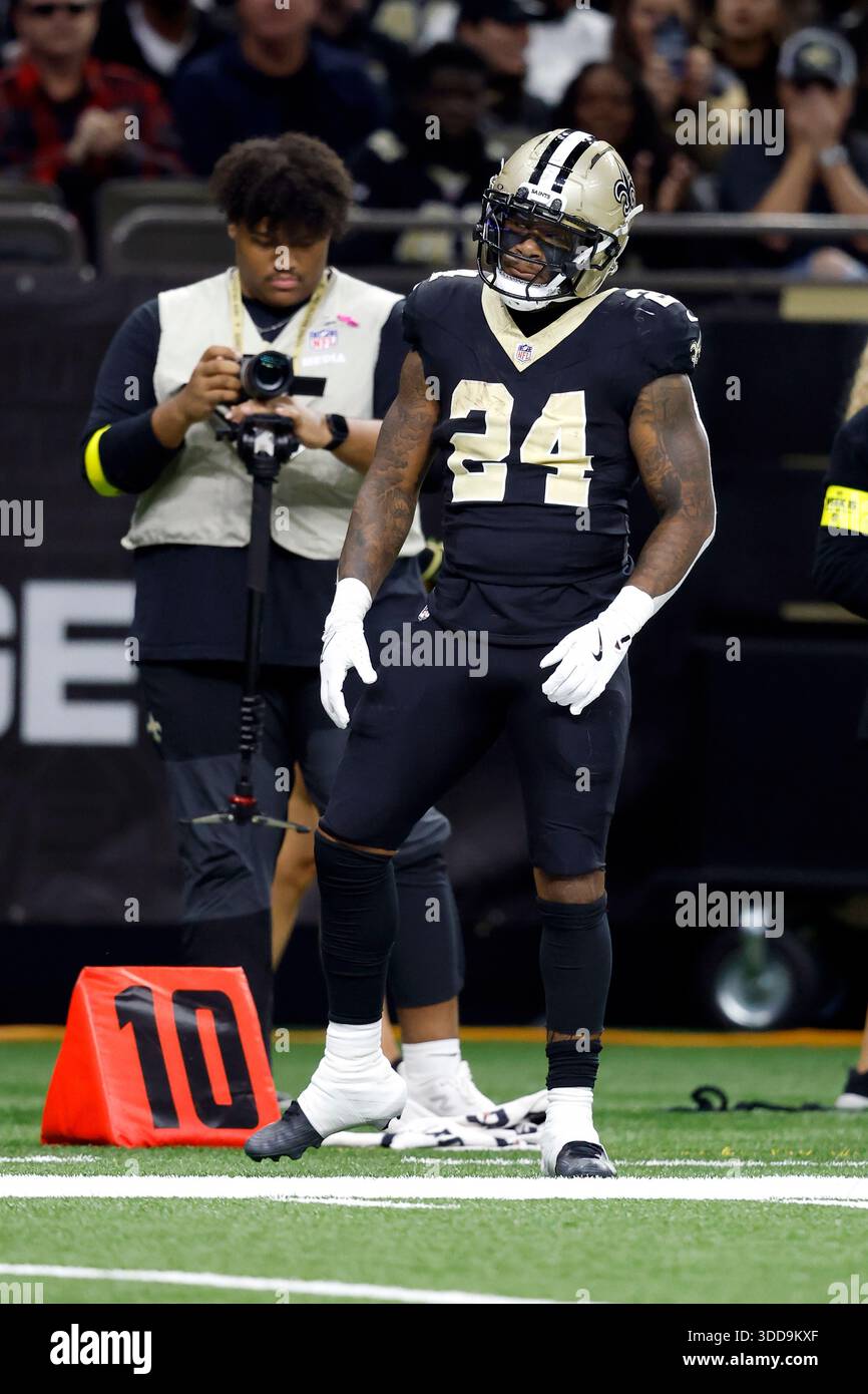 New Orleans Saints running back Devin Neal (24) reacts during an NFL ...