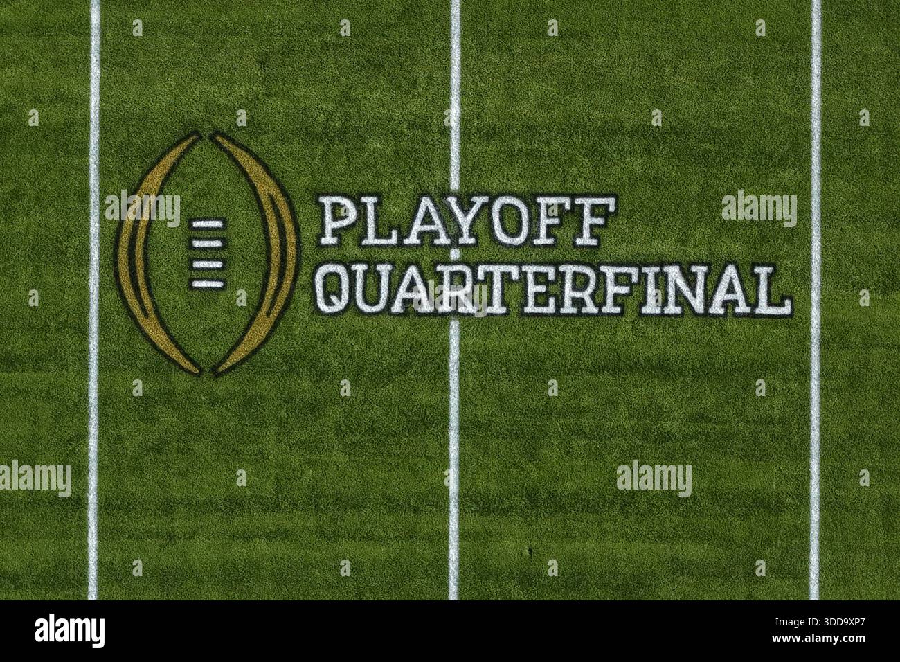 The CFP Quarterfinal logo on the field at Rose Bowl Stadium, Monday ...