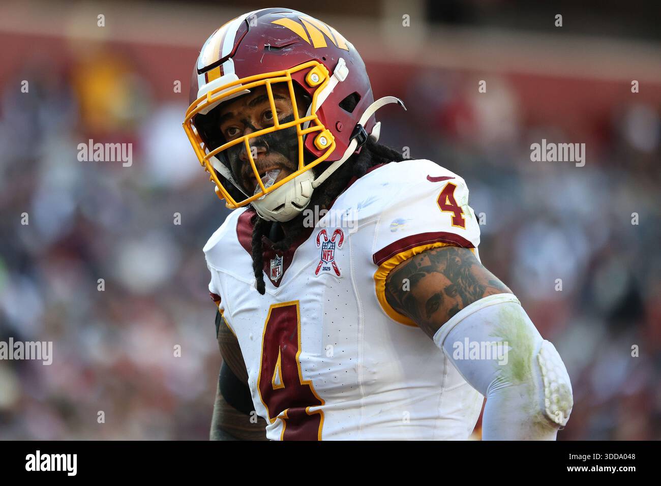 Washington Commanders linebacker Frankie Luvu (4) looks on during an ...