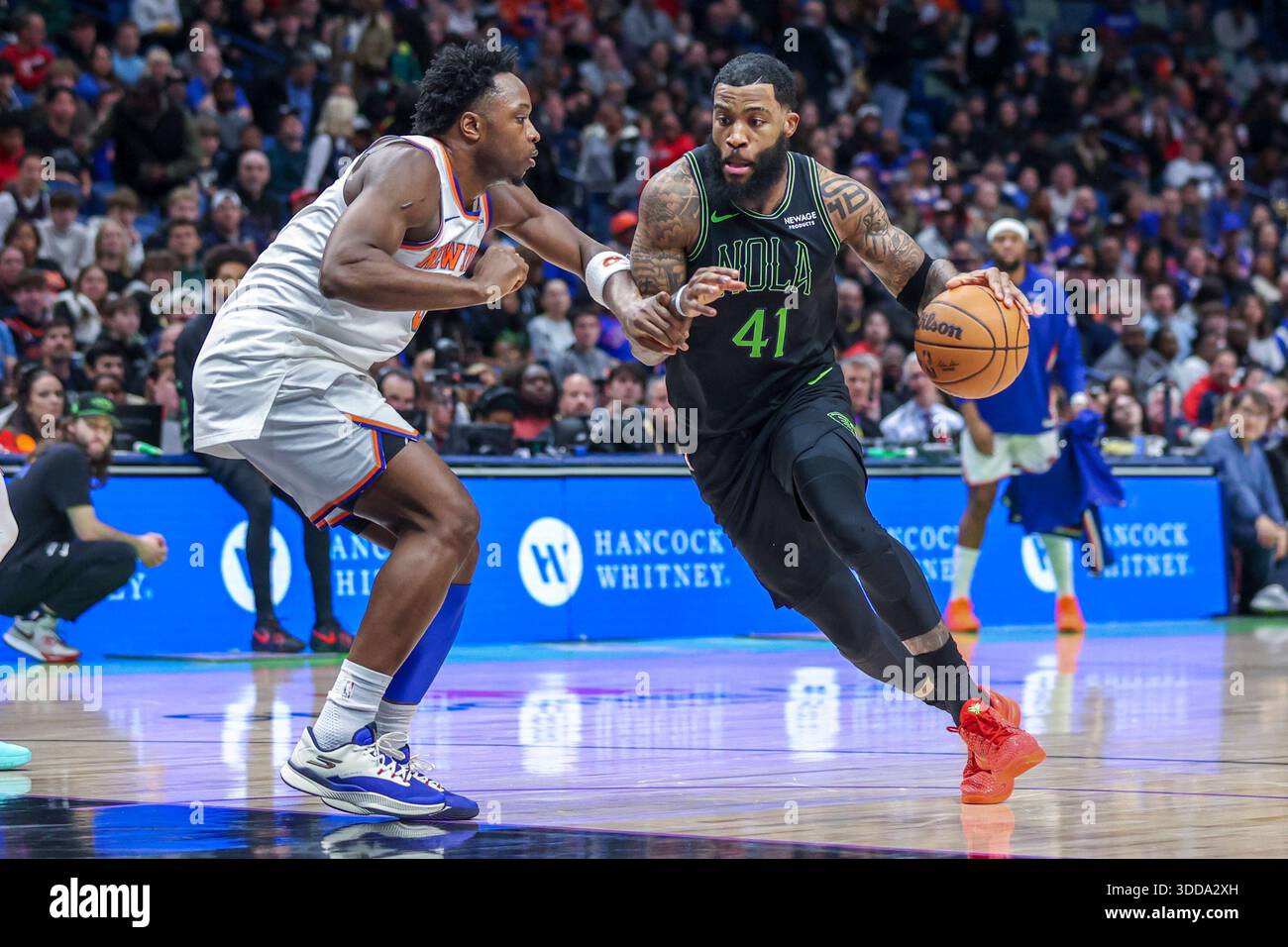 New Orleans Pelicans guard Saddiq Bey (41) tries to drive past New York ...