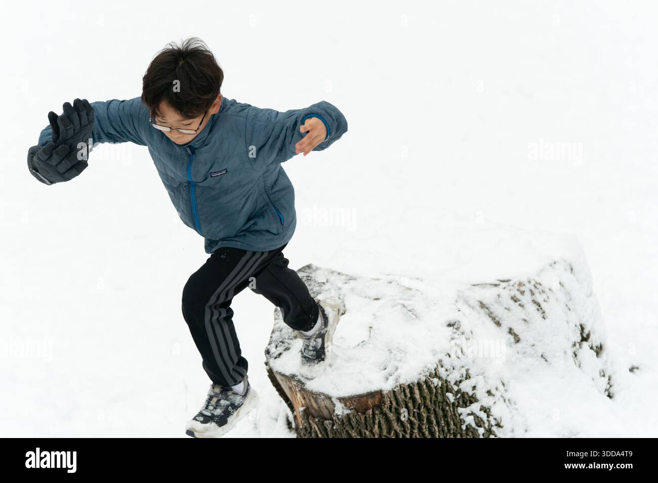 A boy jumps into the snow from a tree stump in Central Park after an ...
