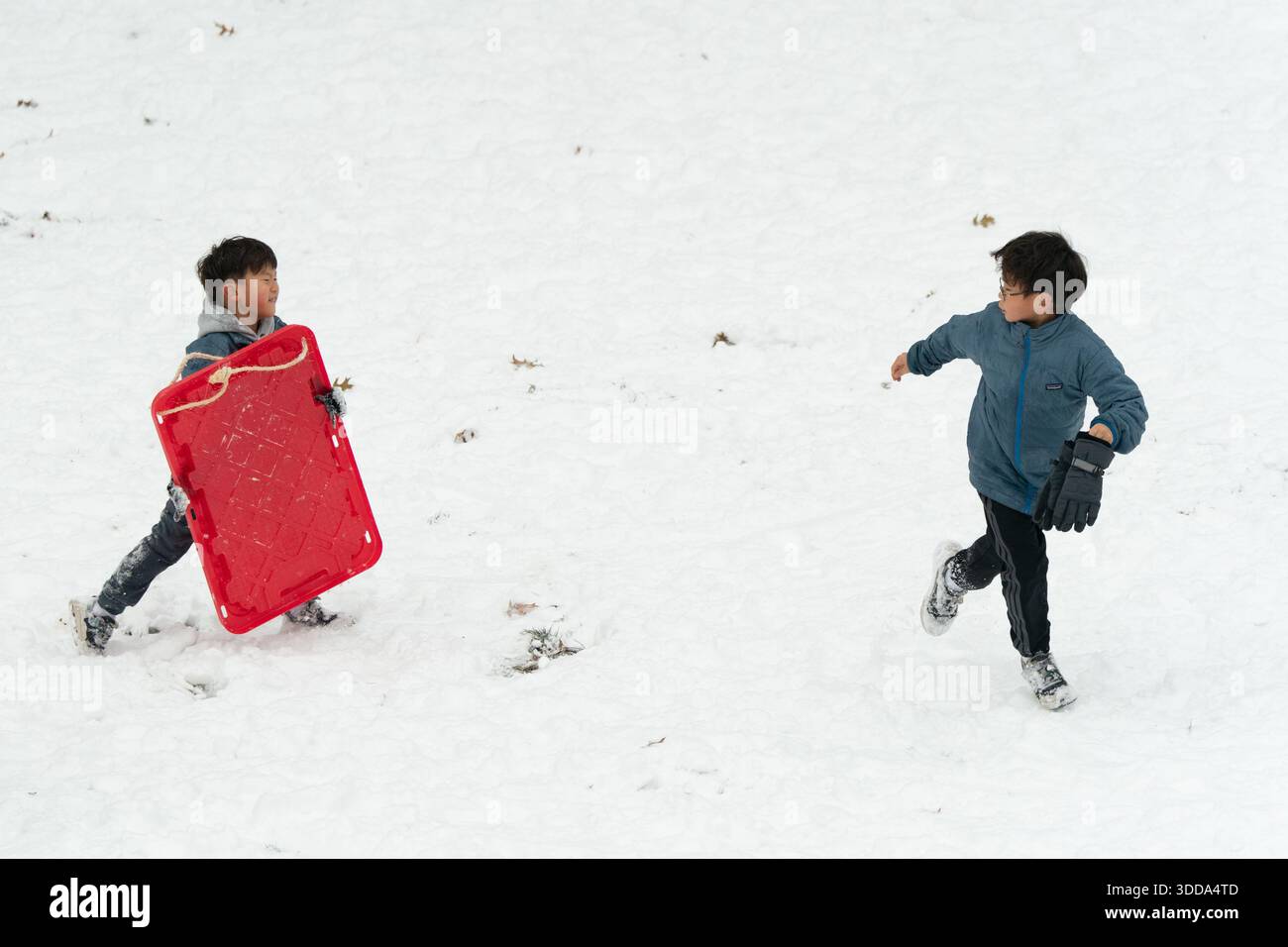 A boy chases his brother while carrying his red sled in Central Park ...
