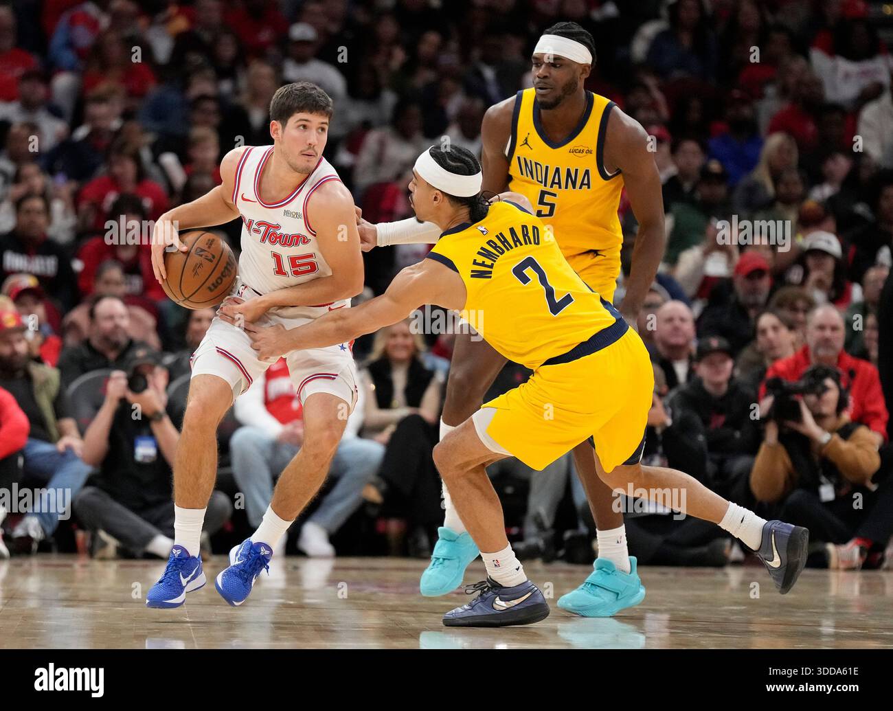 Houston Rockets guard Reed Sheppard (15) tries to control the ball ...