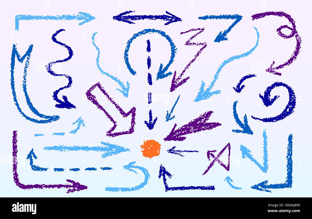 Hand drawn crayon arrow set with chalk brush texture in blue and purple ...