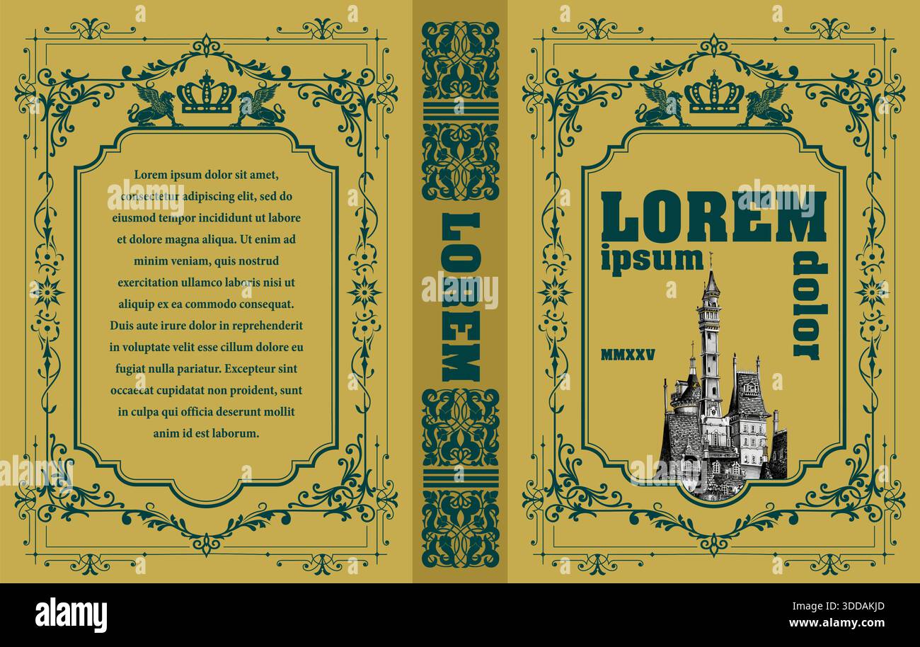 Ornate vintage book cover design with intricate borders, a majestic ...