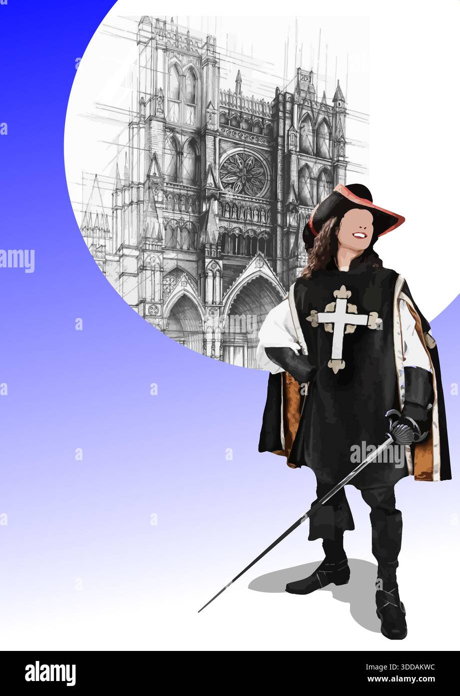 Musketeer is standing with a sword in his hand, a drawing of a ...