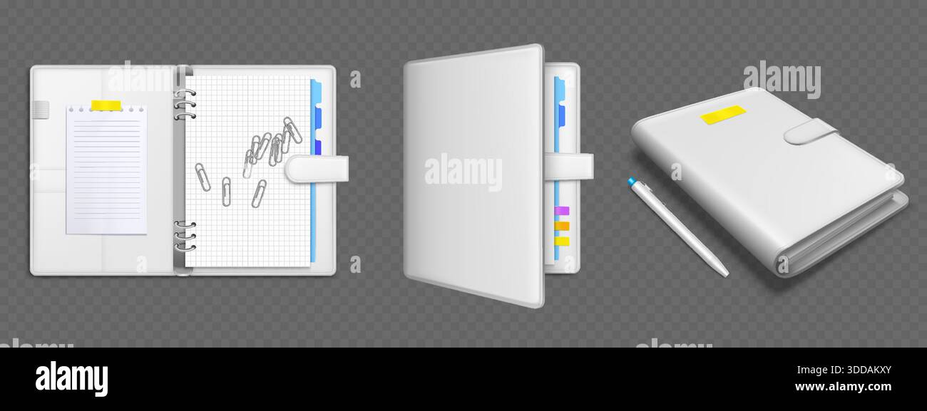 White ring binder mockup set with grid paper, colorful tabs, paperclips ...