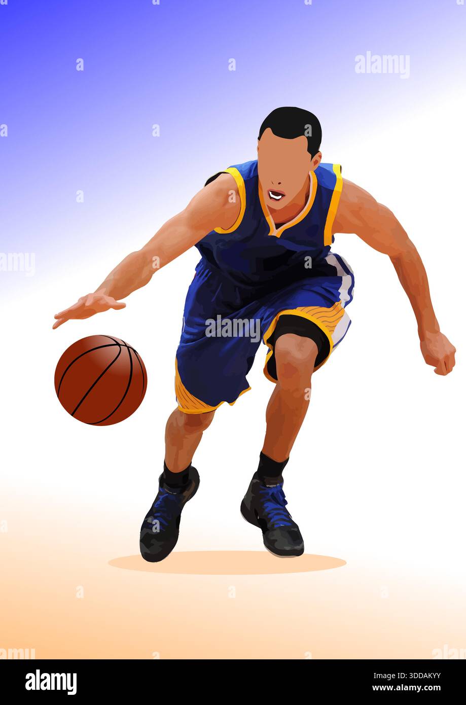 Basketball player wearing a blue and yellow uniform is dribbling and ...