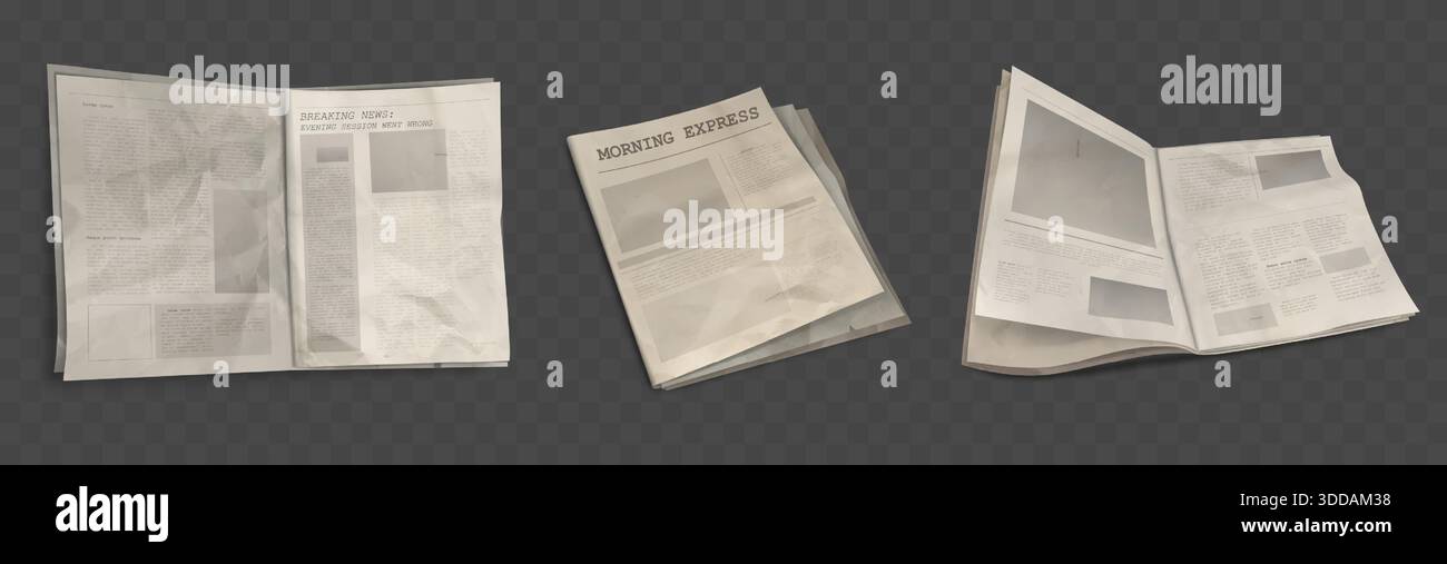 Dirty crumpled newspaper set isolated on transparent background. Vector ...