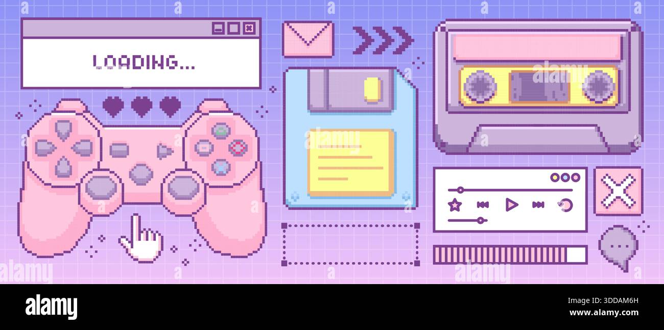 Y2k retro pixel game elements in cute pastel colors - pink gamepad ...