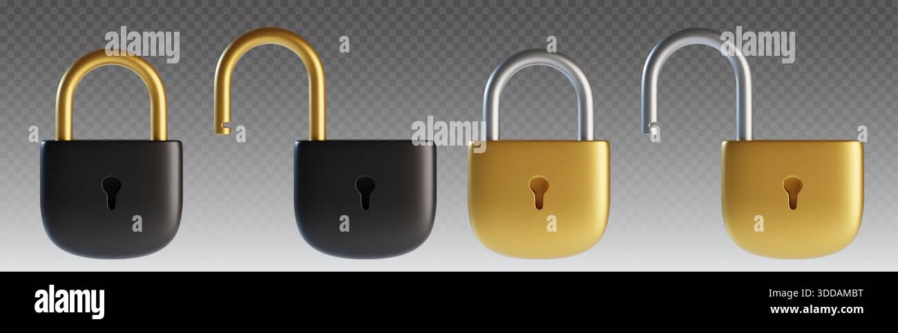 3D lock set with realistic metallic padlocks in open and closed ...