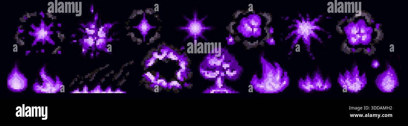 Pixel art explosion in glowing purple toxic flames and bright energy ...