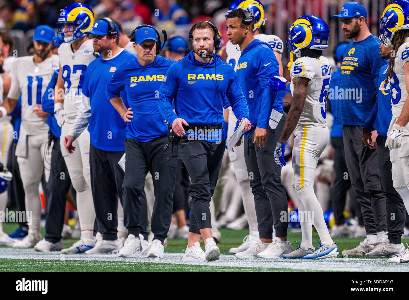 Los Angeles Rams head coach Sean McVay works during the second half of ...