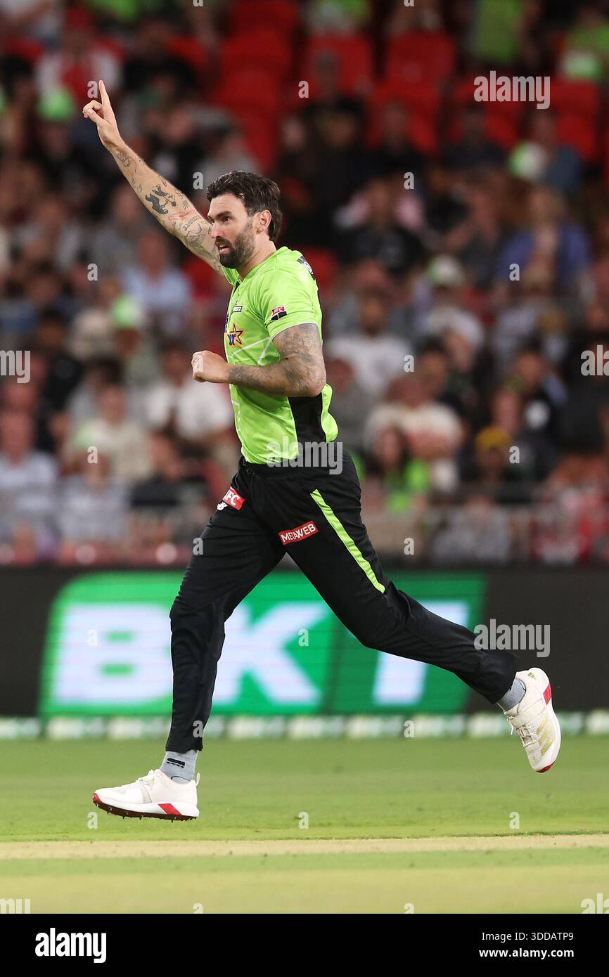Reece Topley of the Thunder celebrates taking the wicket of Aaron ...