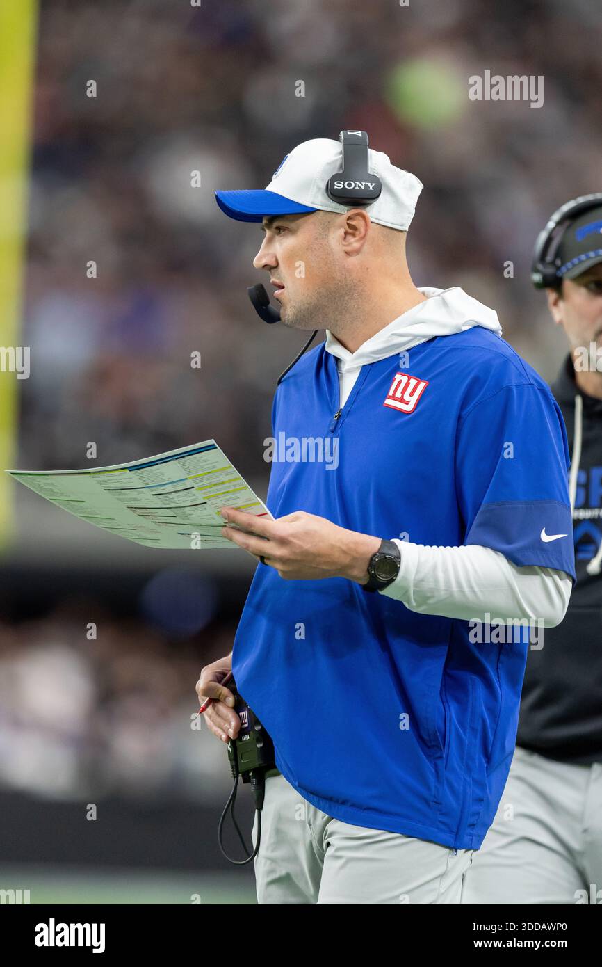 New York Giants head coach Mike Kafka coaches against the Las Vegas ...