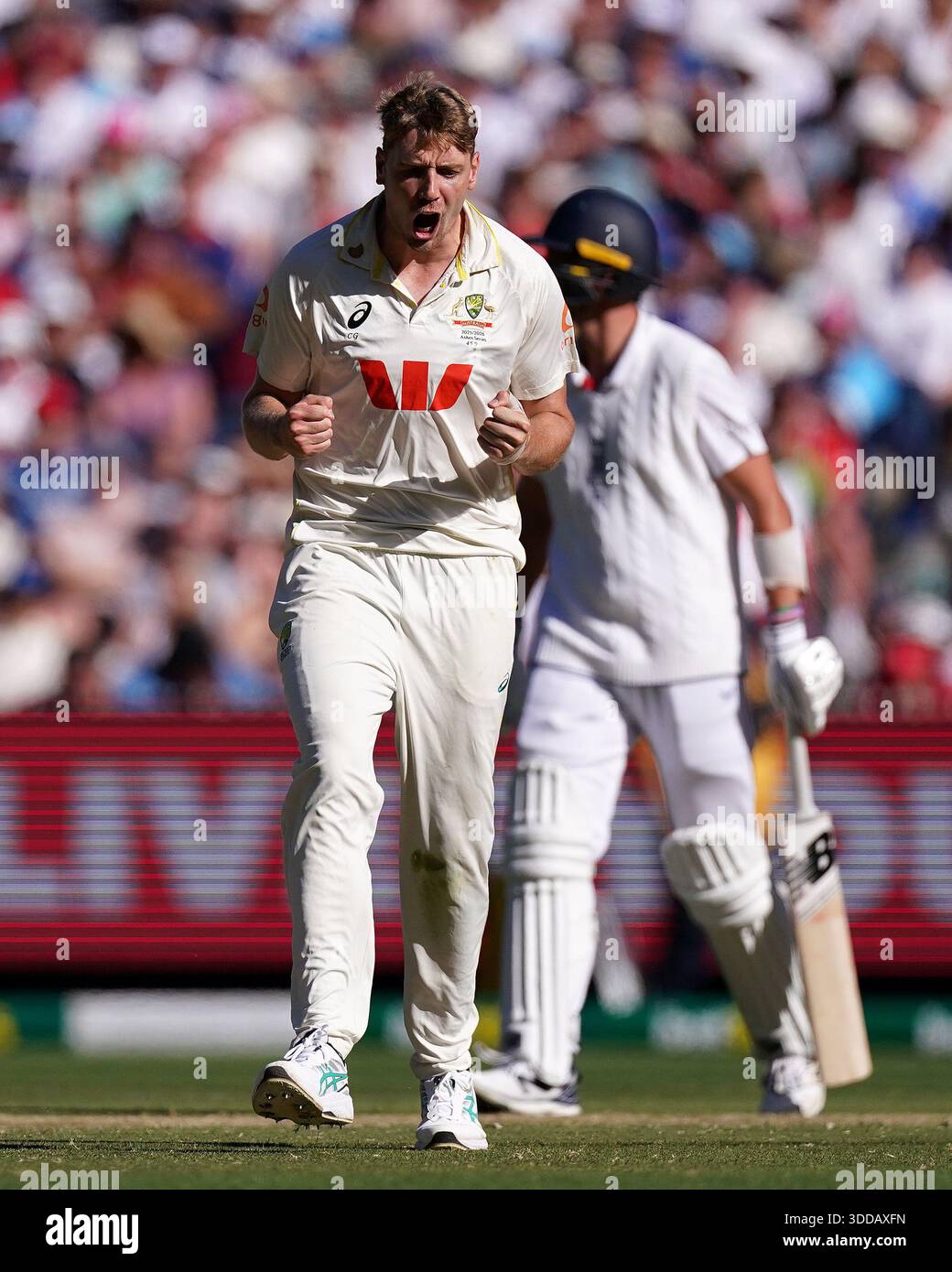 Australia's Cameron Green celebrates taking the wicket of England's Gus ...