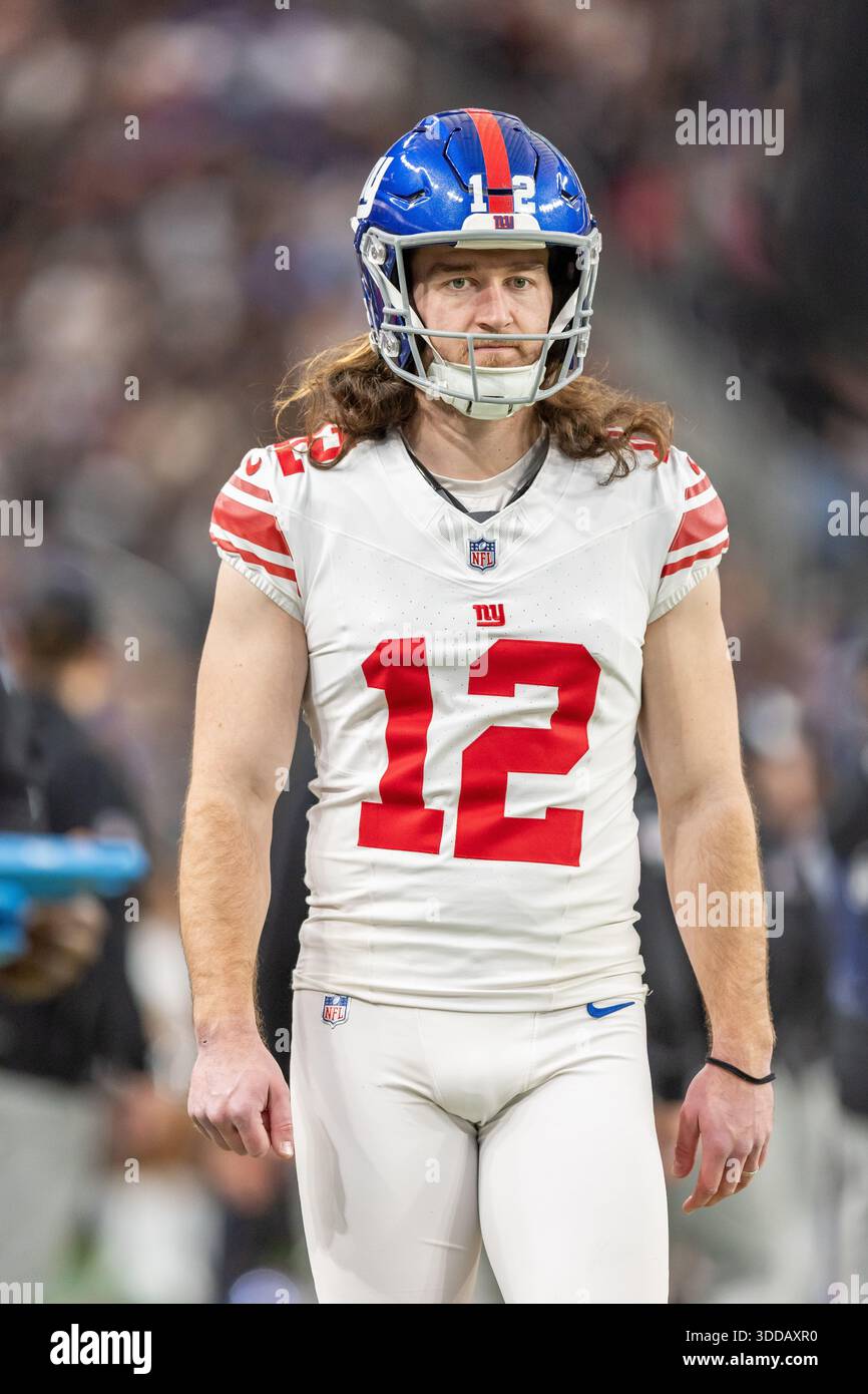 New York Giants punter Jamie Gillan (12) against the Las Vegas Raiders ...
