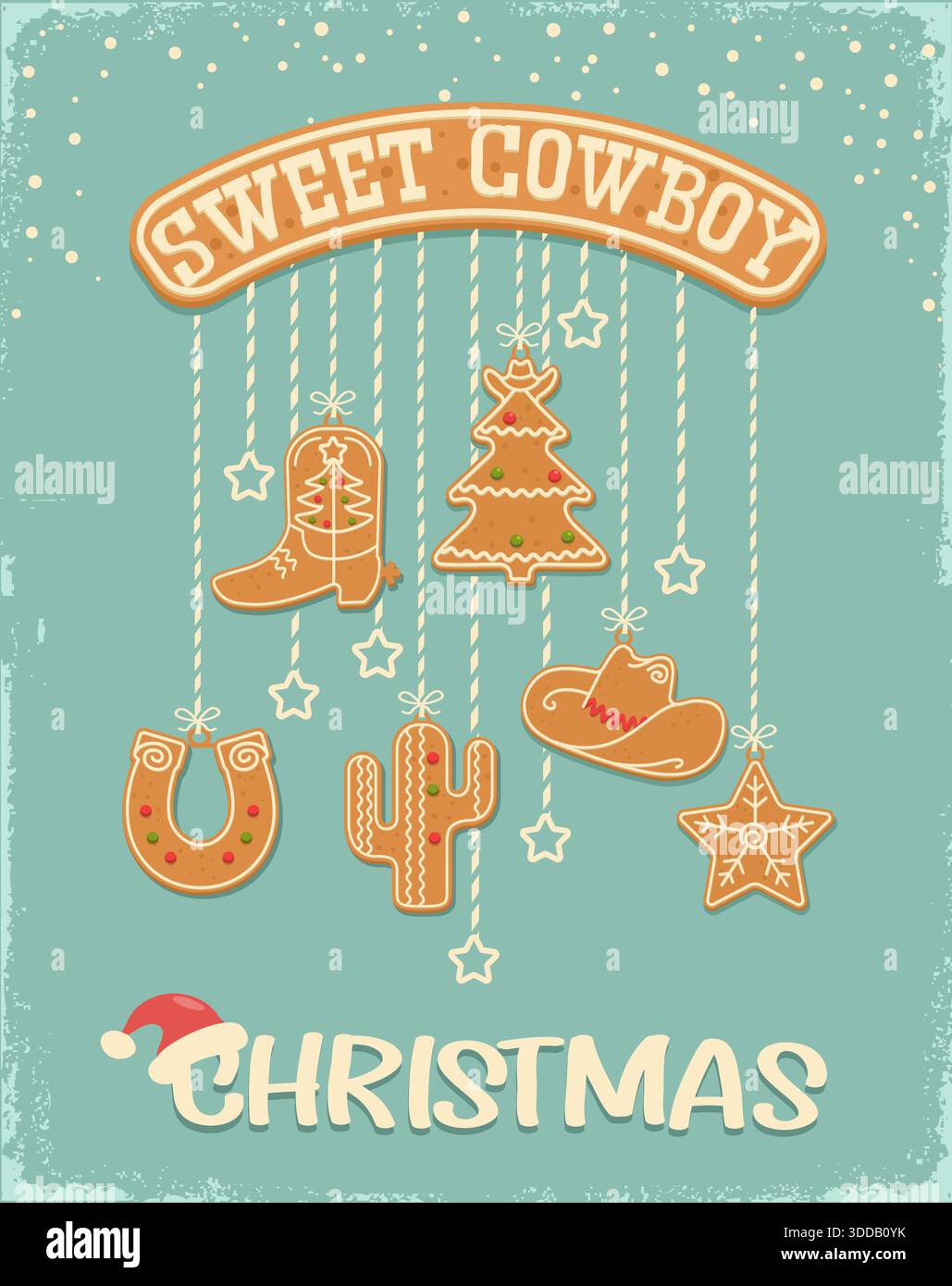 Cowboy vintage Christmas card with hanging christmas gingerbread ...